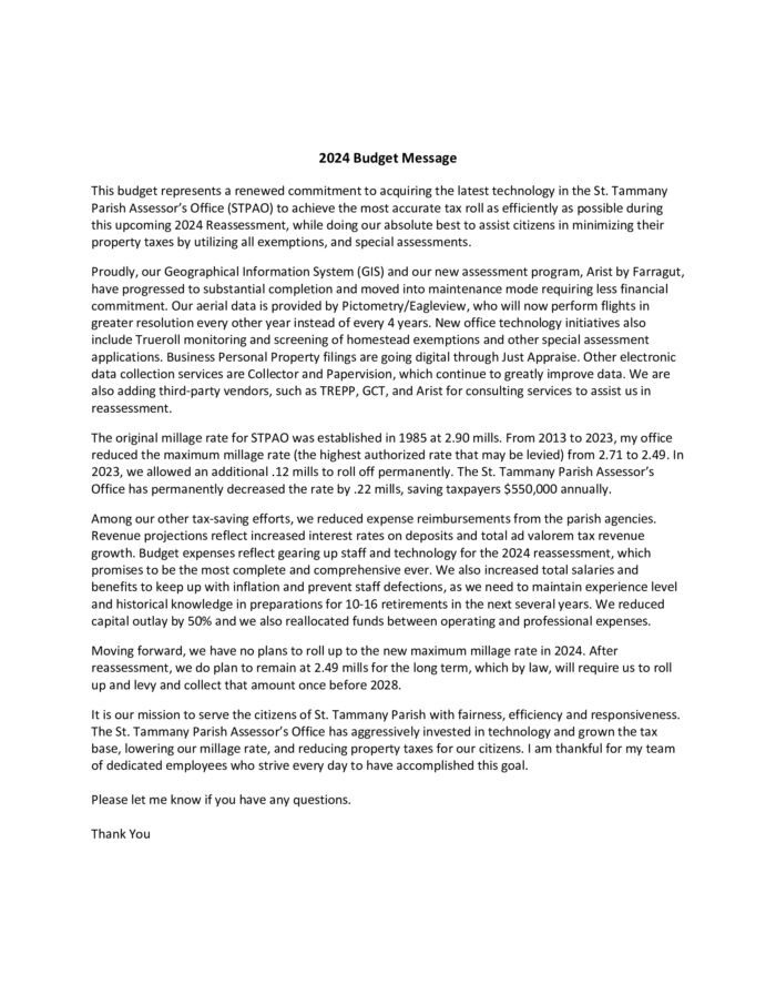 2024 Budget Message - St. Tammany Parish Assessor's Office
